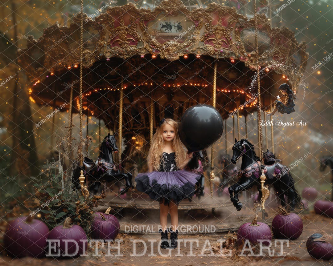 Dark Carousel Digital Backdrop, Purple Pumpkins & Carnival Scene ...