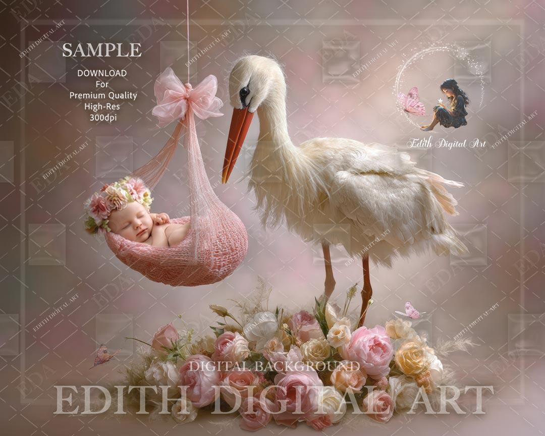 Newborn Digital Backdrop, Pink Stork for Pets & Baby Girl Delivery ...