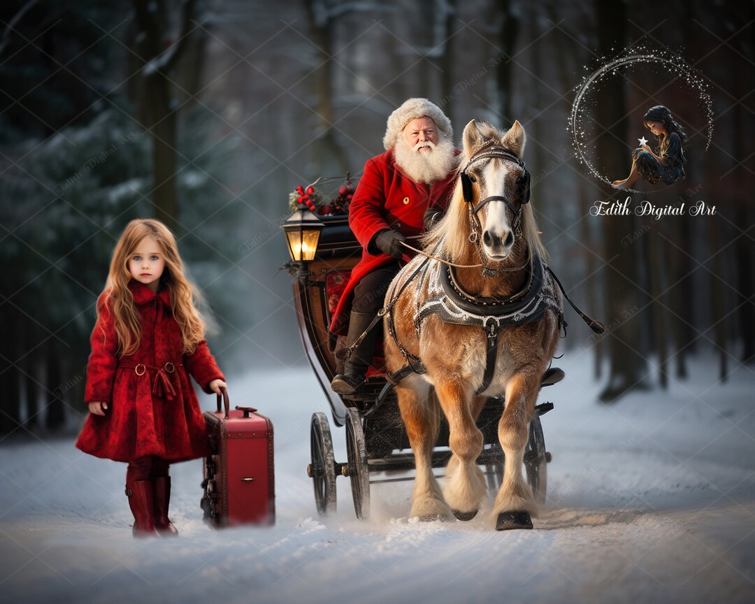 Christmas Santa on Sleight at Snowy Forest, Christmas Digital Backdrop ...
