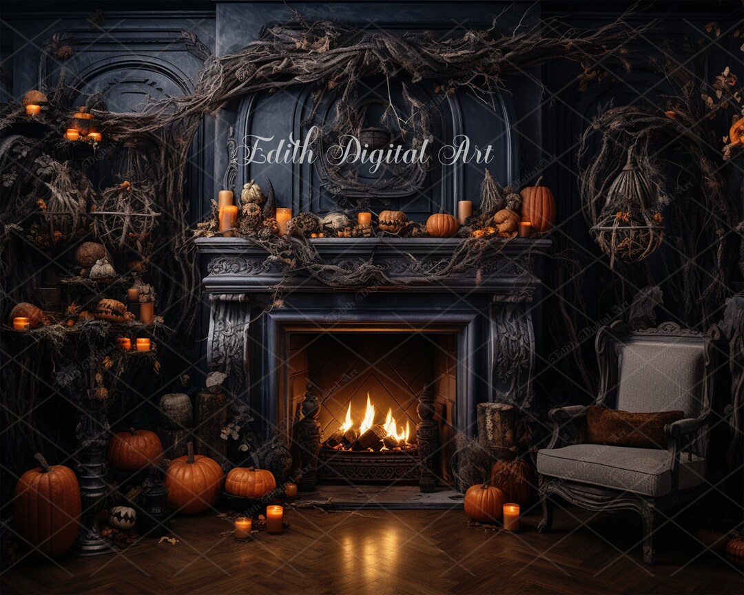 Halloween Digital Backdrop Photography, Halloween Fireplace Overlay ...