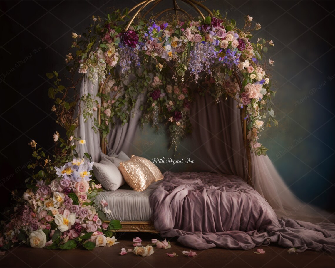 Floral Bed Maternity Backdrop Newborn Bed Digital Background - Etsy