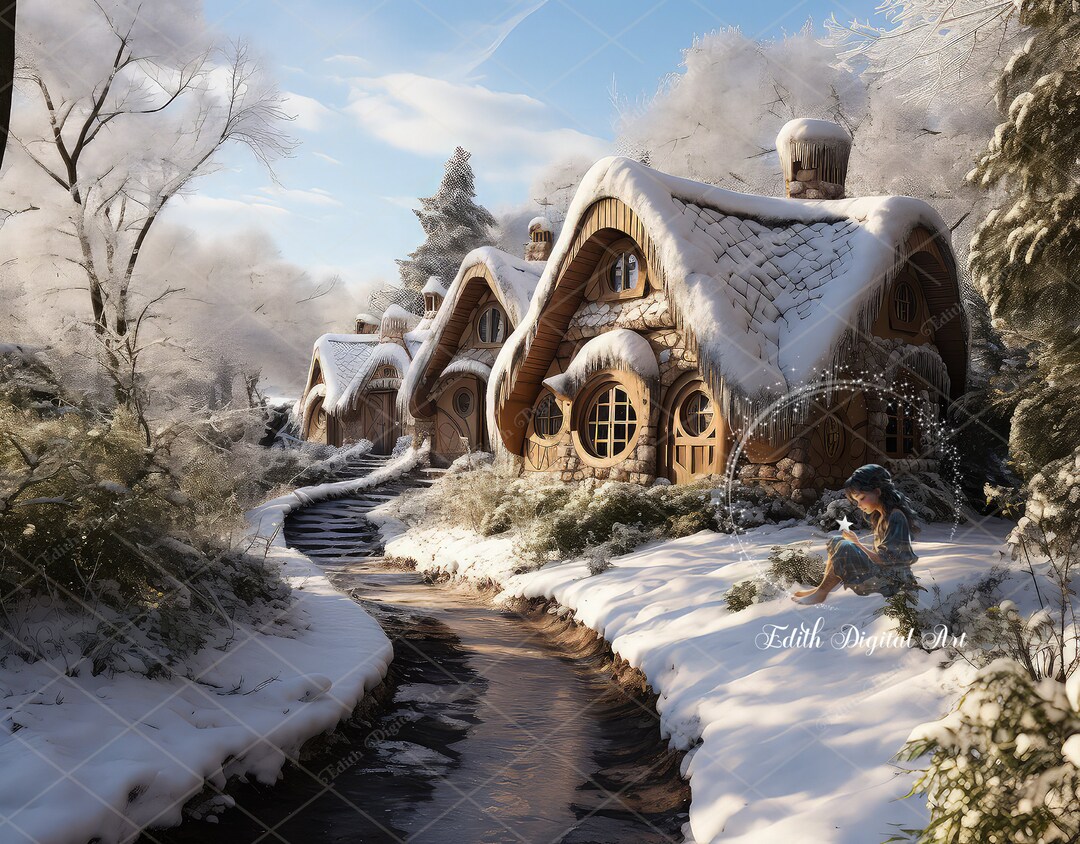 Christmas Digital Backdrop, Christmas Cottage House at Snowy Fantasy ...