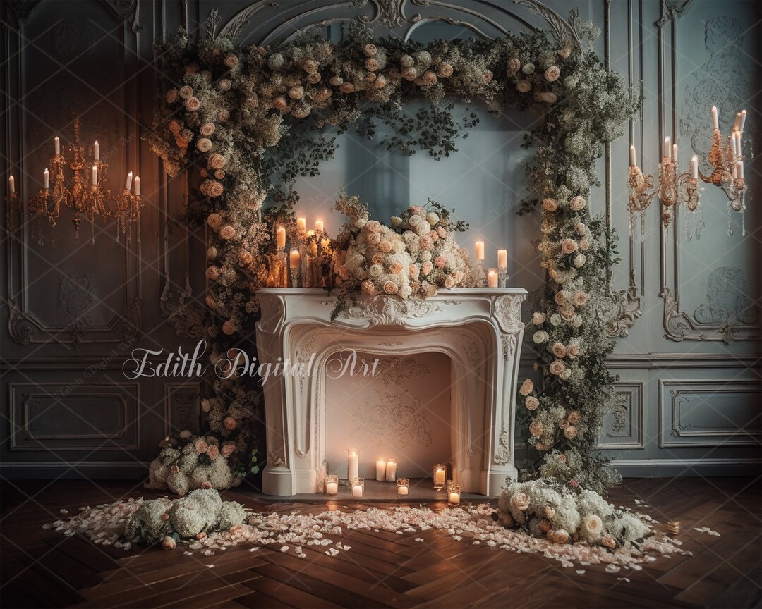 Fireplace Floral Backdrop Photography, Elegant Mantel Digital ...