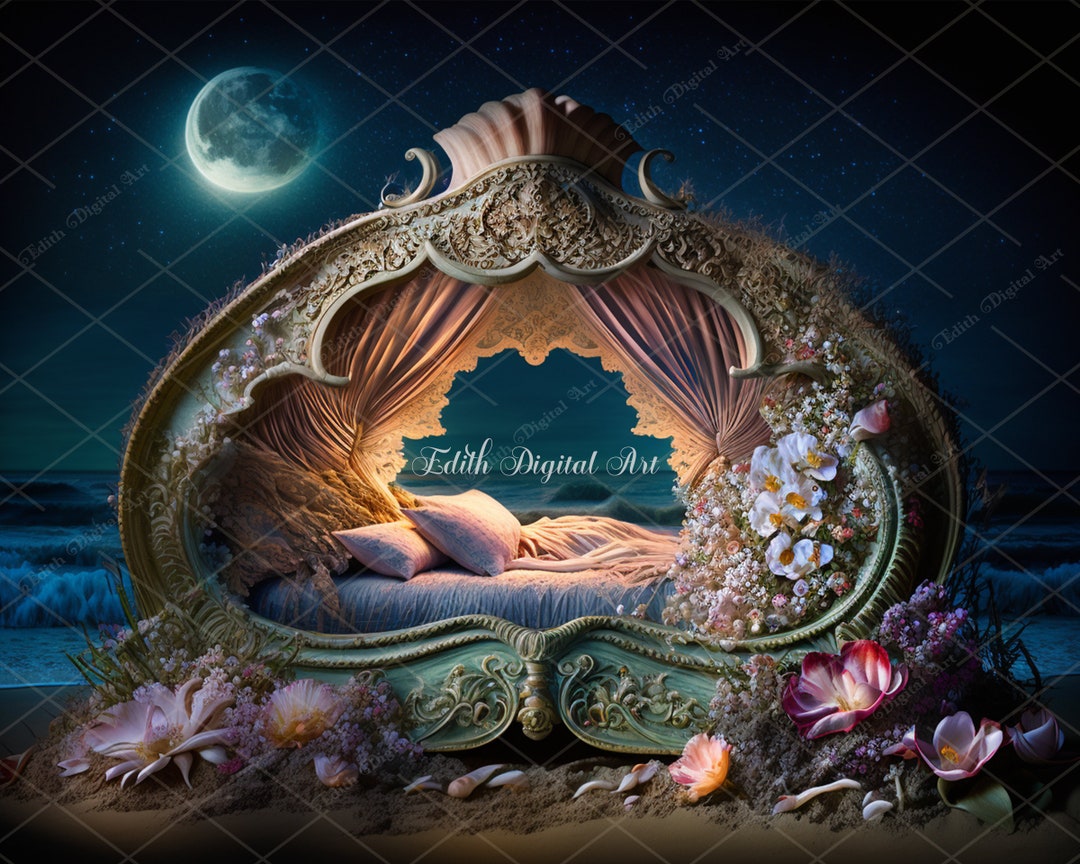 Mermaid Digital Background Princess Shell Bed on Beach Portrait ...