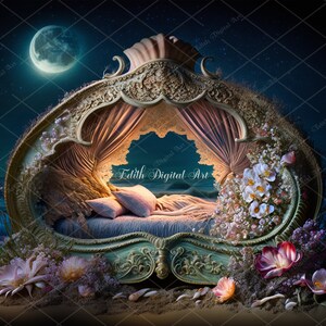 Mermaid Digital Background Princess Shell Bed on Beach Portrait ...