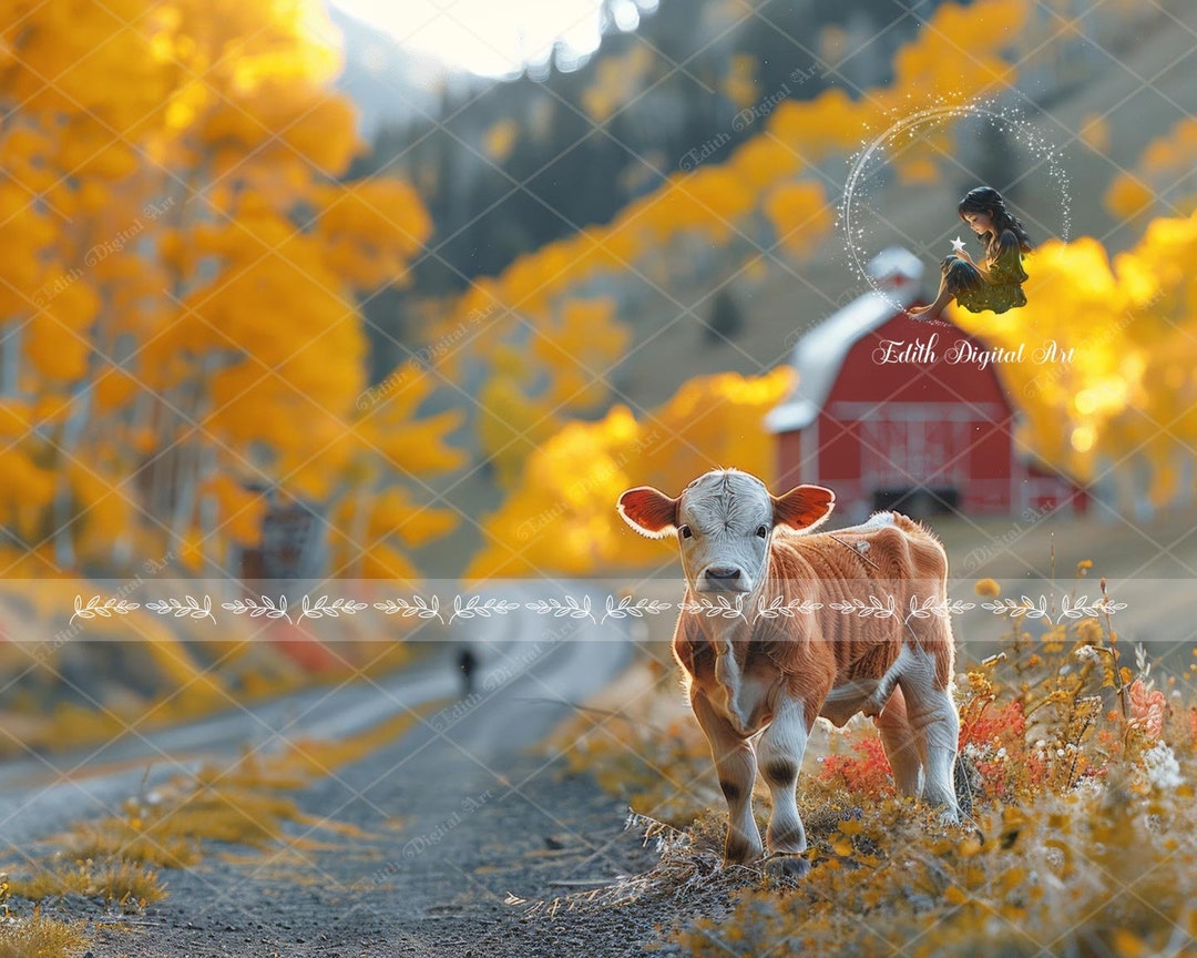 Autumn Farm Digital Backdrop for Photography, Fall Field Road, Cow ...