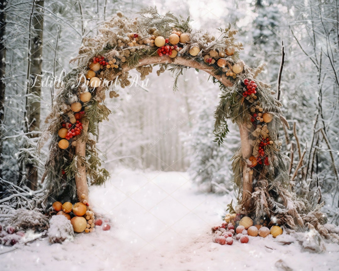 Christmas Arch on Snow Winter Forest Background, Enchanted Digital ...