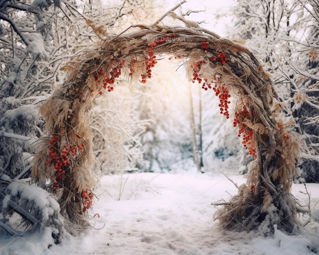 Christmas Floral Arch on Snow Winter Forest Background, Enchanted ...