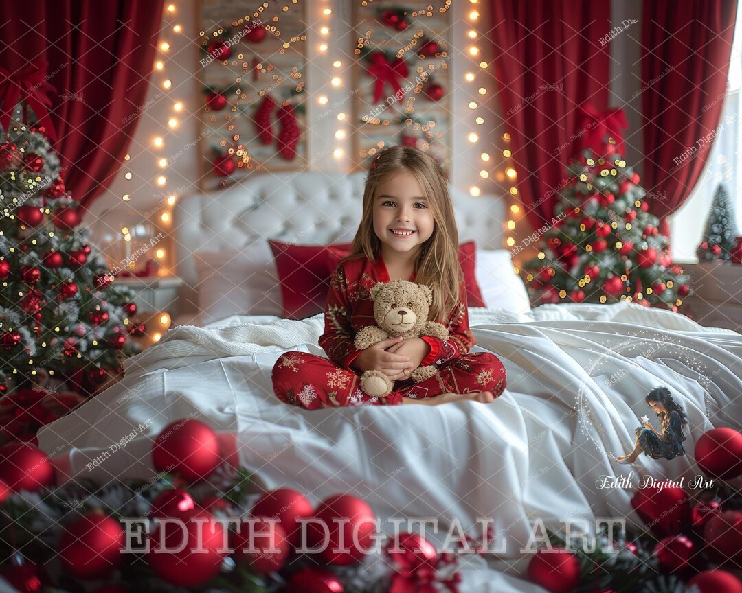 Christmas Digital Backdrop, Xmas Bed, Christmas Tree, Studio Photo ...