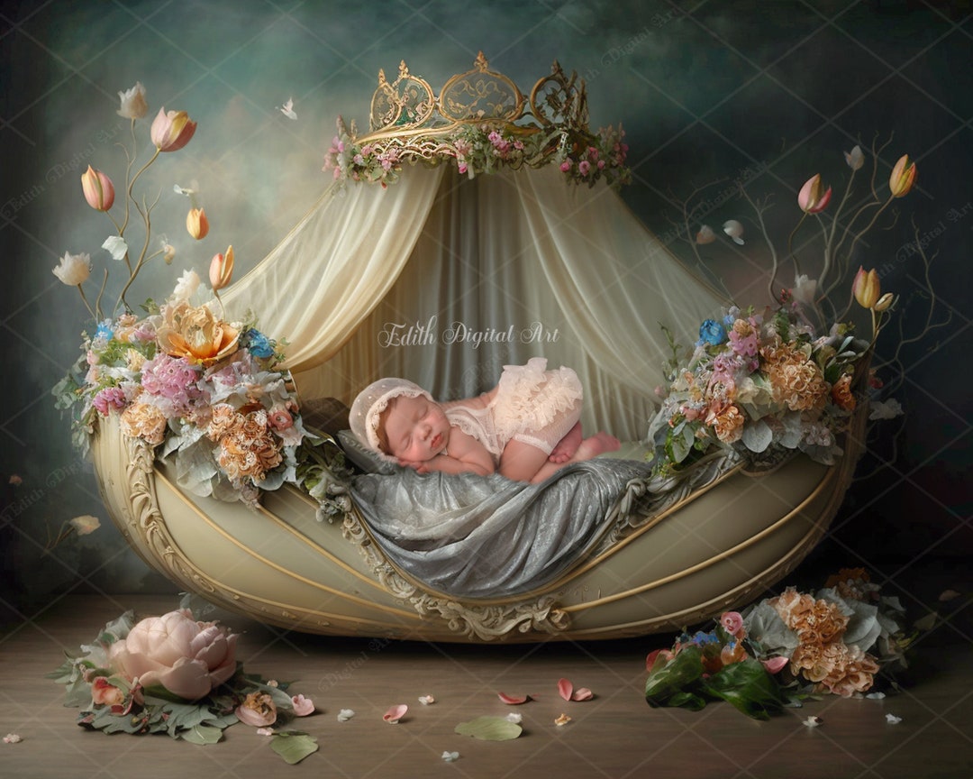 Newborn Digital Background, Princess Newborn Digital Bed, Floral Baby ...