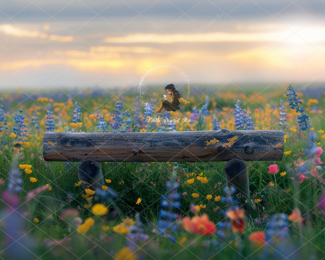 Spring Floral Field Digital Backdrop, Spring Blossom Meadow, Bench ...