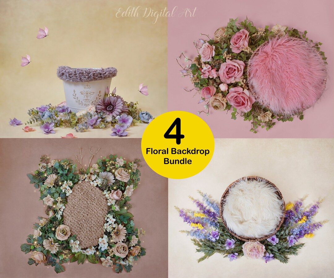 Newborn Girl Digital Backdrop Floral Background, 4 Digital Newborn ...