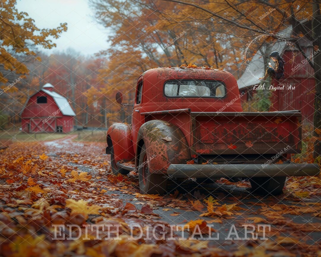 Red Truck at Fall Farm Road, Red Barn Digital Backdrop Photography ...