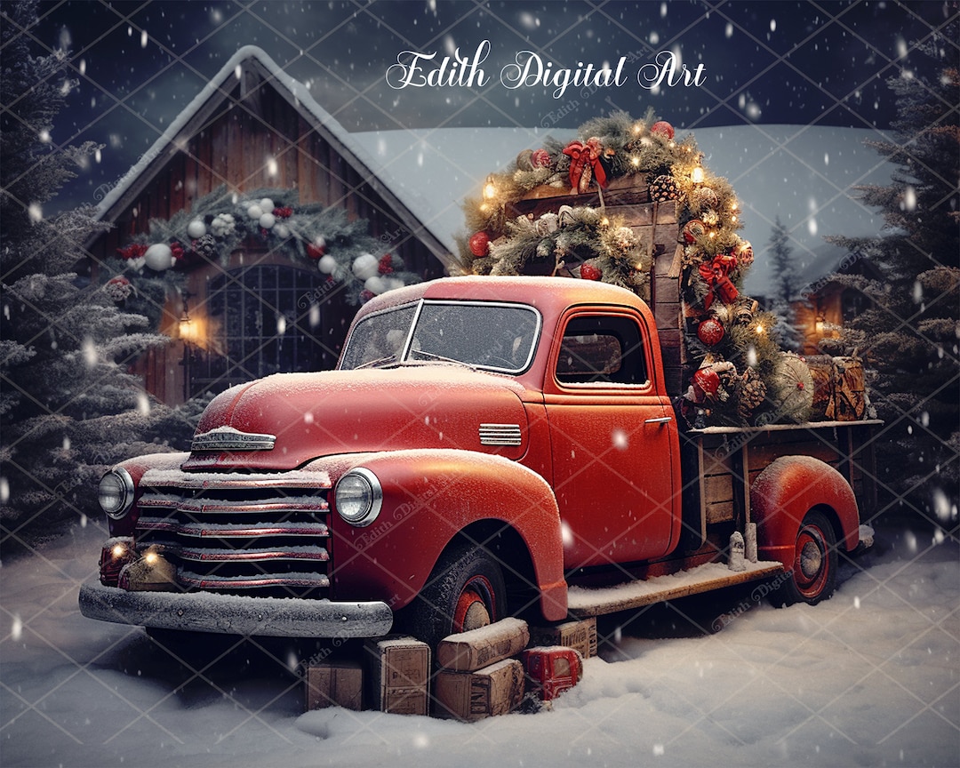 Christmas Digital Backdrop, Red Truck Portrait Background Photography ...