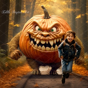 Halloween Digital Backdrop Composite, Scary Pumpkin Running on Autumn ...