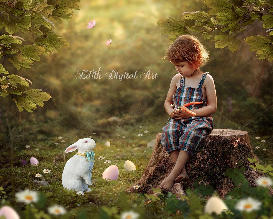 Spring Digital Background, Easter Bunny Digital Backdrop, Easter Eggs, Forest, Rabbit on Field ...