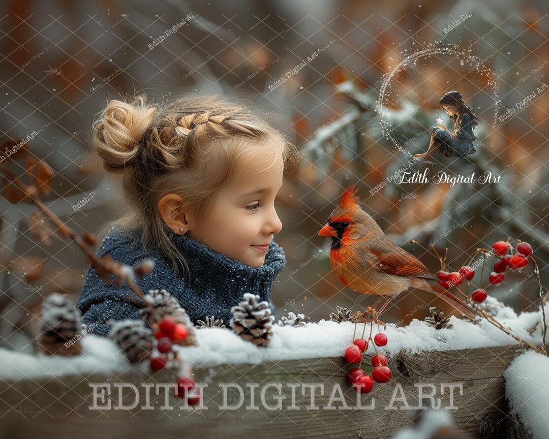 Christmas Digital Backdrop, Red Cardinal Bird, Snow Fence at Snowy ...