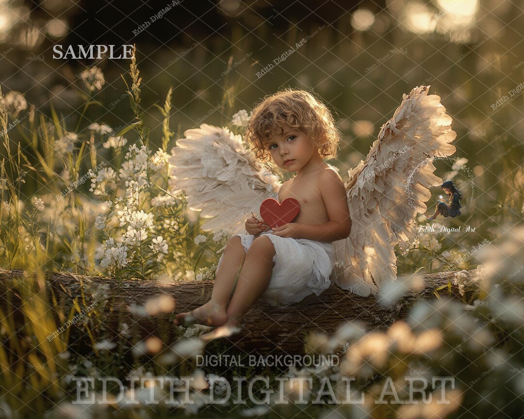 Valentines Digital Backdrop Photography, Cupid Wings on Tree Log ...