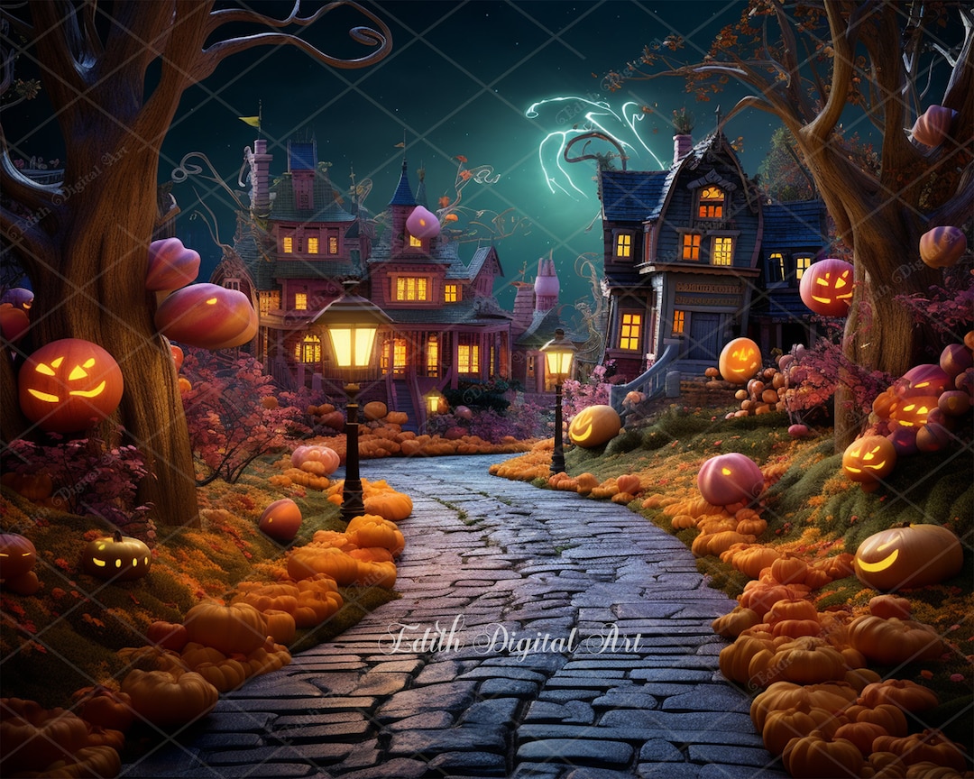 Halloween Digital Backdrop Composite, Pumpkin Pathway on Enchanted ...