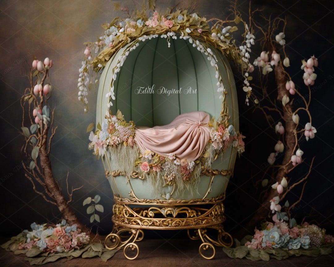 Newborn Digital Easter Egg, Bed Digital Background, Floral Pink Baby ...