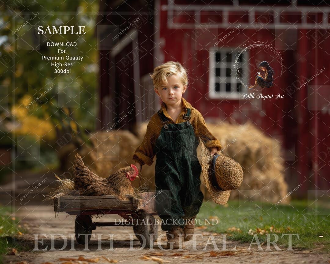 Autumn Digital Backdrop, Fall Red Barn Road, Animals Cart, Rustic Fence ...