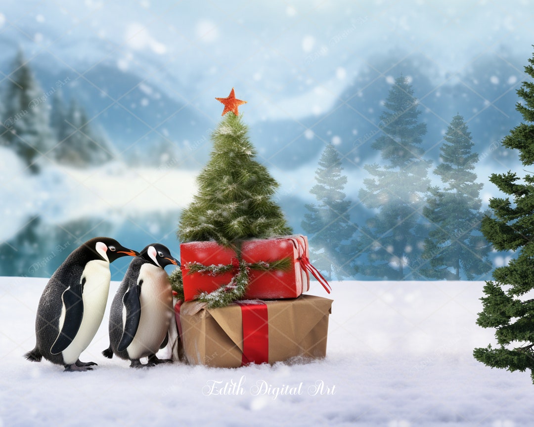 Christmas Digital Backdrop Photography Penguins Decorating a - Etsy