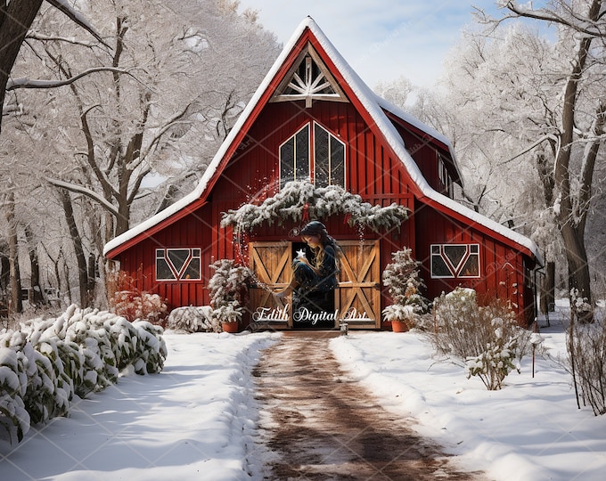Christmas Red Barn Digital Backdrop, Snow, Trees, Fences, Xmas, Digital Background for ...