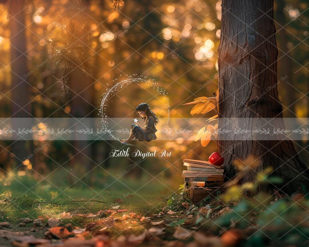 Back to School Digital Backdrop, Green Forest, Books at Woodland ...