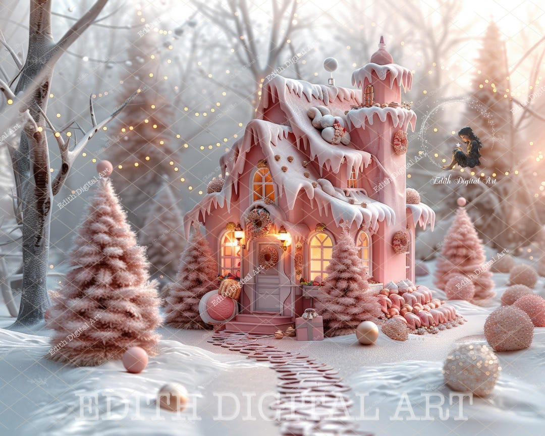 Pink Christmas Digital Backdrop Gingerbread House, Fantasy Xmas ...