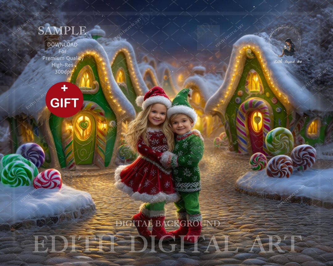 Christmas Digital Backdrop, Green Elf Village at North Pole, Fun ...