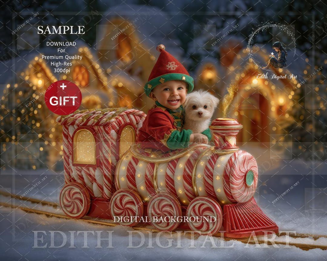 Christmas Peppermint Train Digital Backdrop, Festive Candyland Village ...
