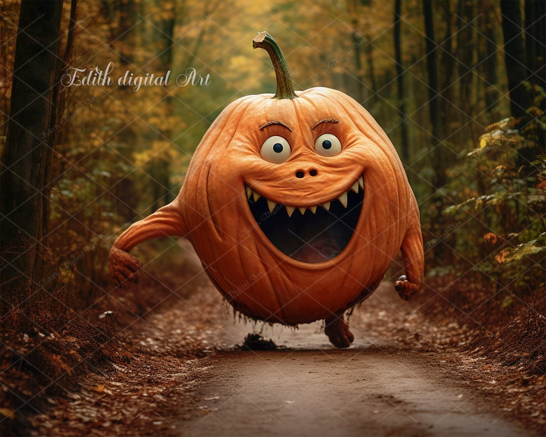 Halloween Digital Backdrop Composite, Scary Pumpkin Running on Autumn ...