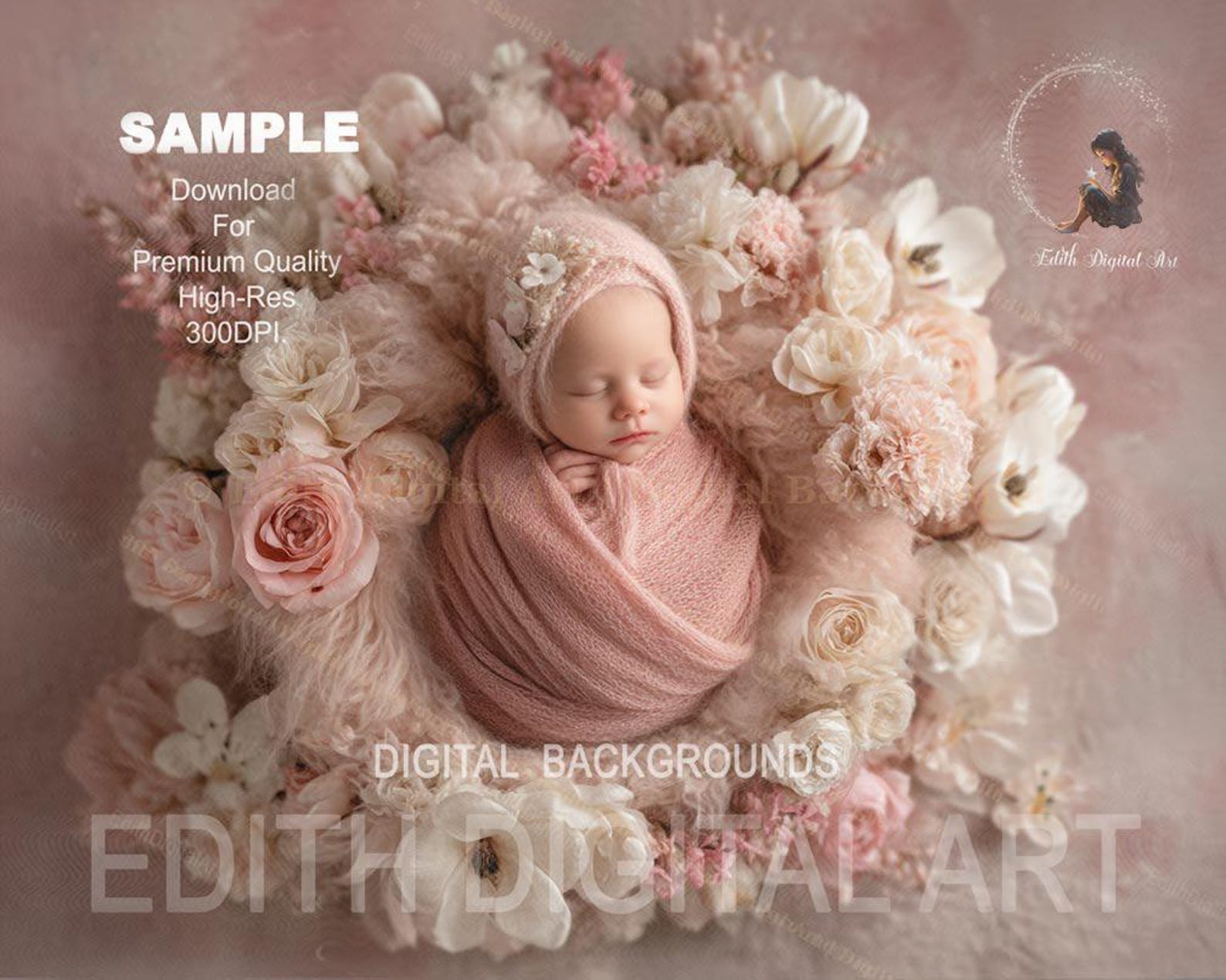 Newborn Digital Backdrop, Pink Spring Flower Scene, Baby Girl Floral ...