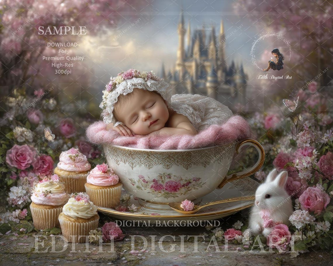 Newborn Digital Backdrop Baby Teacup Bed & Princess Castle, Fairytale ...