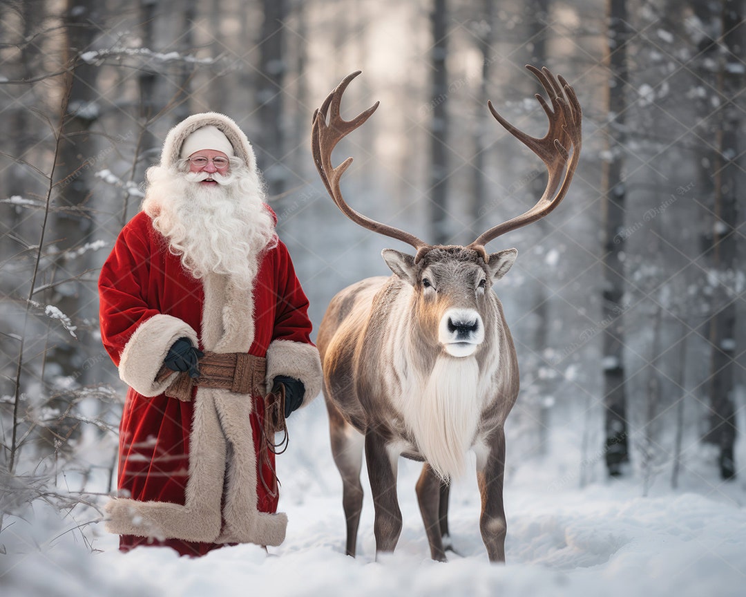 Santa and Reindeer Backdrop Digital, Christmas Digital Background ...