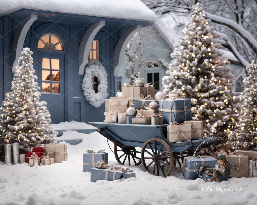 Christmas Digital Background, Blue Sleigh With Christmas Gifts at Snowy ...
