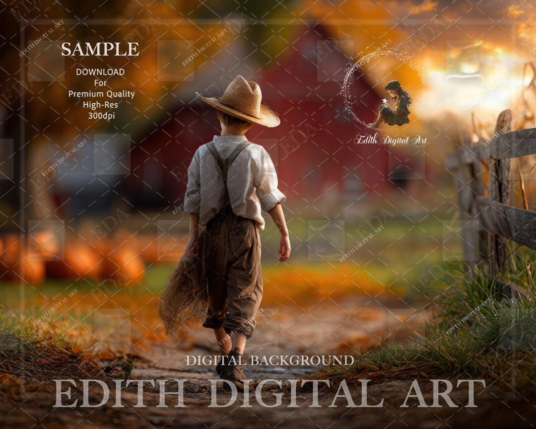Autumn Digital Backdrop, Fall Red Barn Road With Pumpkins, Rustic Fence ...