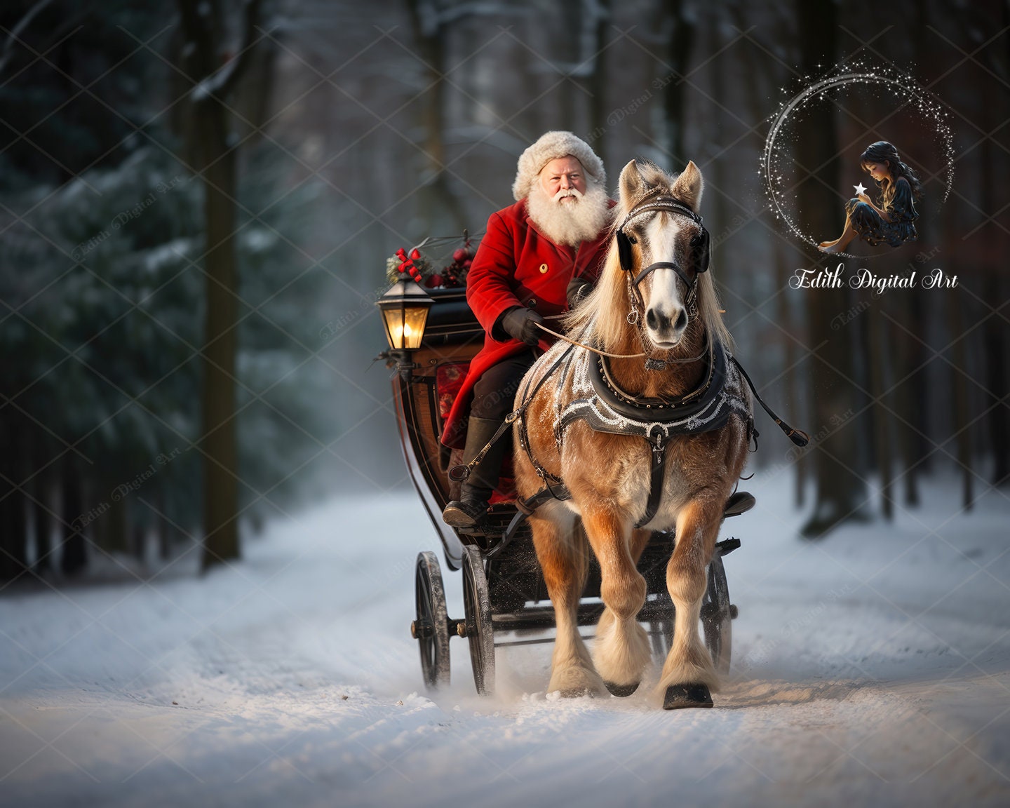 Christmas Santa on Sleight at Snowy Forest, Christmas Digital Backdrop ...