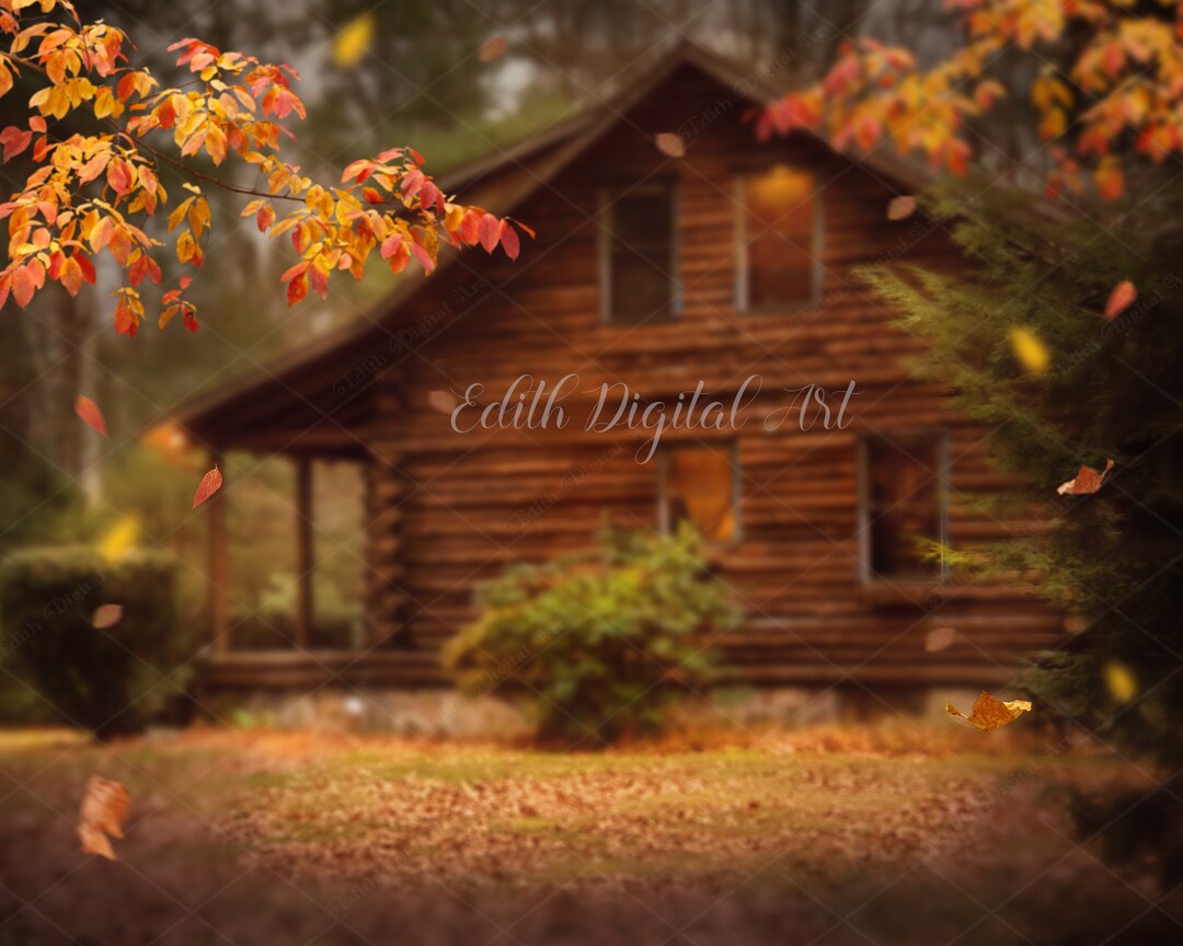 Fall Digital Background, Autumn Forest Backdrop Photography, Autumn Cabin With Falling Leaves ...