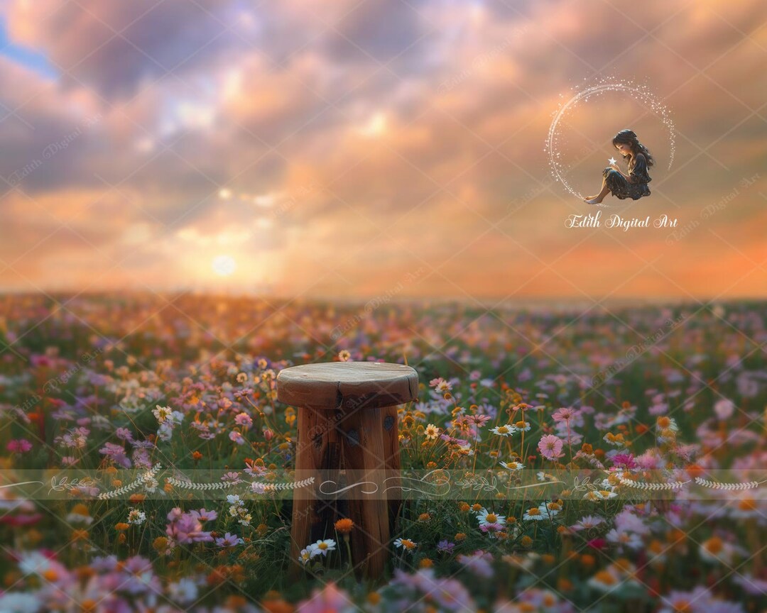 Spring Wildflower Field Digital Backdrop, Bench on Blooming Meadow ...