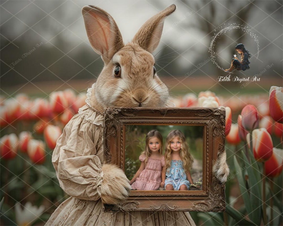 Easter Bunny Photo Frame Digital Backdrop Photography, Rabbit Holding a ...
