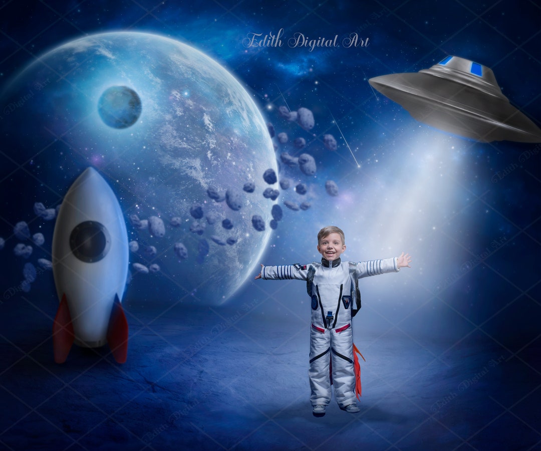 Space Digital Backdrop. Spaceship on Hill, Astronaut in Space ...