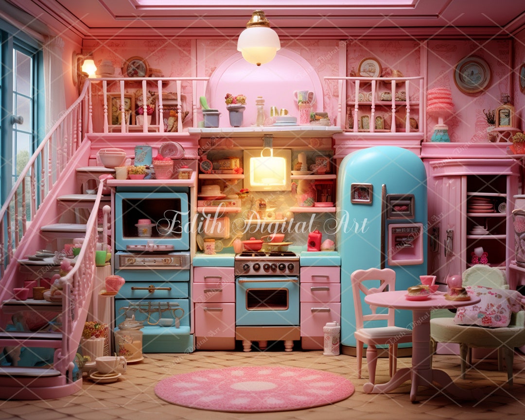 Doll Background Digital, Pink Doll Kitchen Backdrop, Dolly Dining Room ...