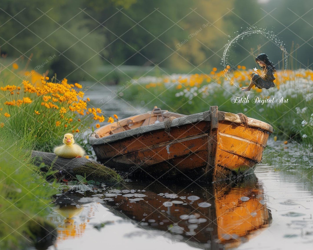 Boat Digital Backdrop Photography, Spring Blossom Woodland, Easter ...