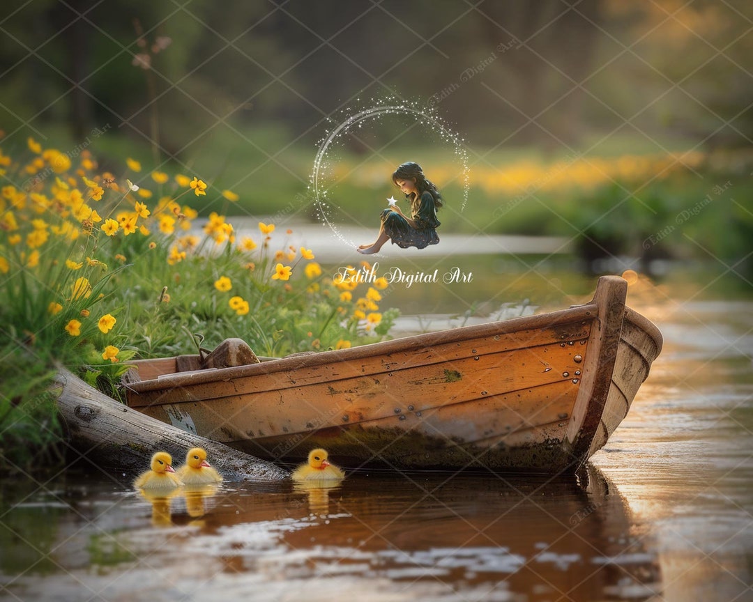 Wooden Boat Digital Backdrop Photography, Spring Blossom Woodland ...
