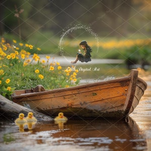 Wooden Boat Digital Backdrop Photography, Spring Blossom Woodland ...