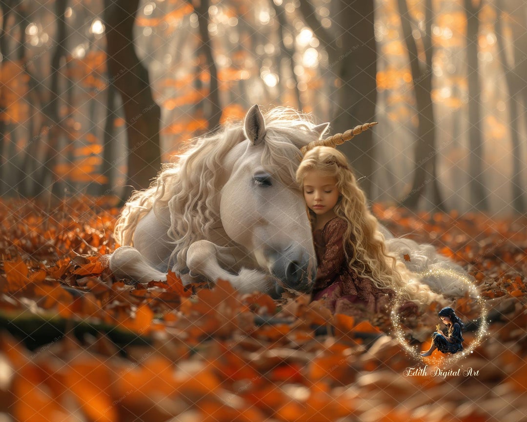 Unicorn Background Digital, Enchanted Autumn Forest Landscape, Fantasy ...