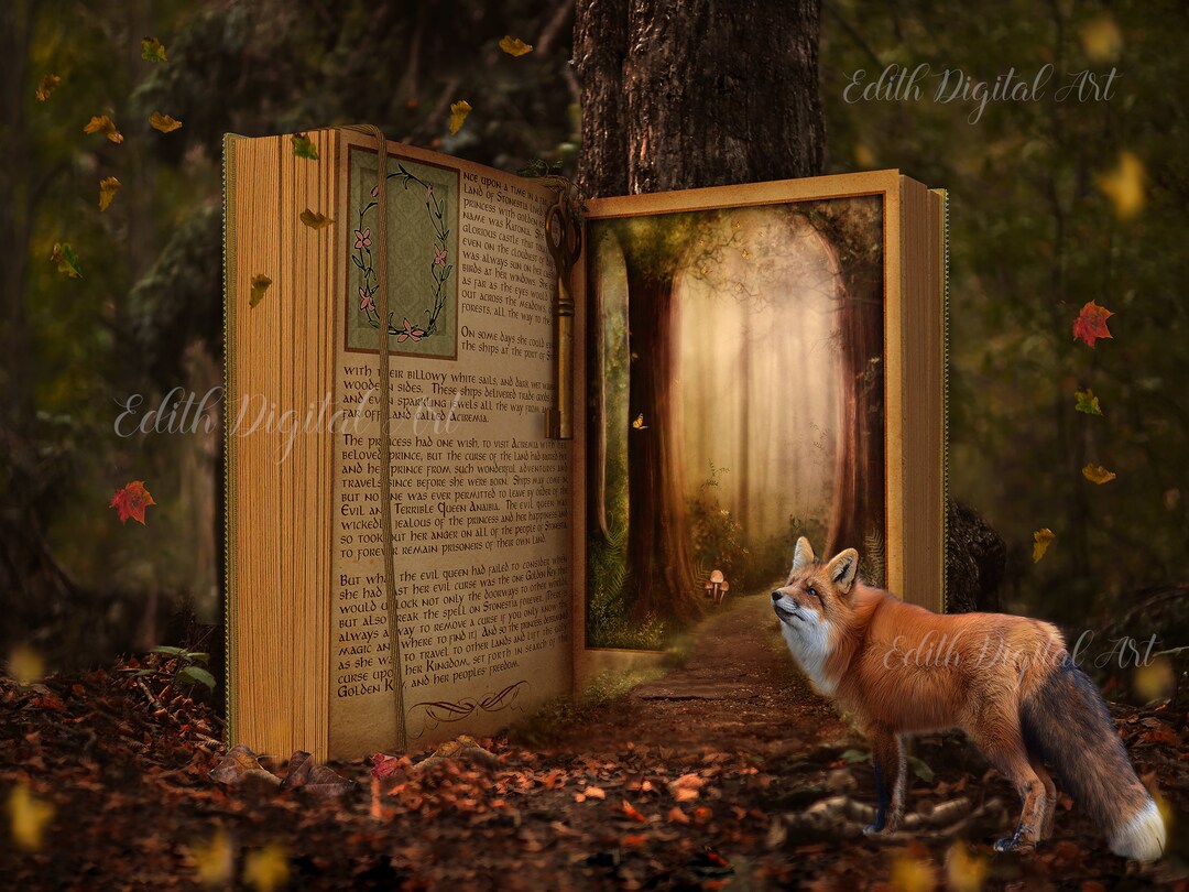 Enchanted Fairytale Book Background, Autumn Magic Forest and Fox, Fall ...