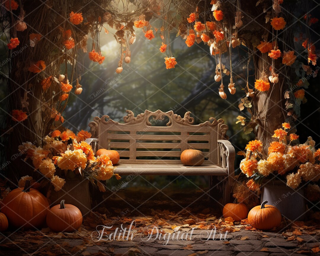 Full Digital Backdrop Photography Composite, Wooden Bench on Autumn ...