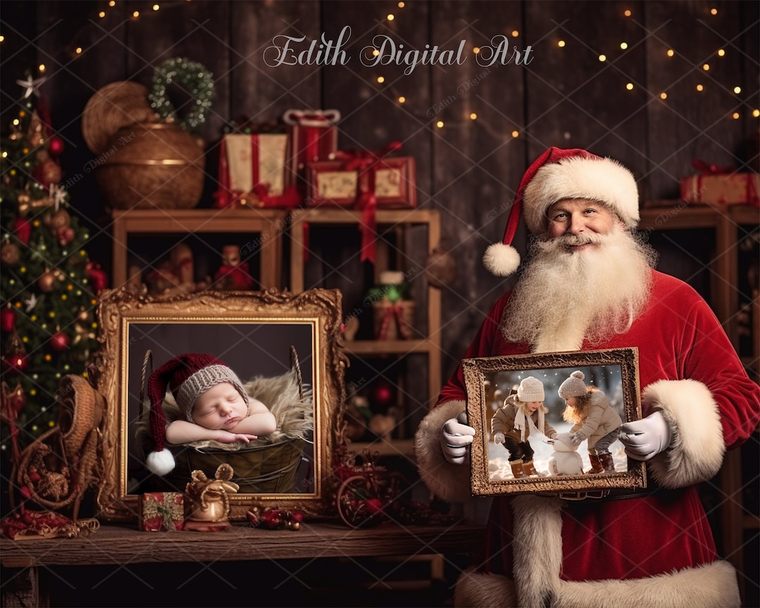Christmas Digital Backdrop Photography, Santa Holging Frame Digital ...